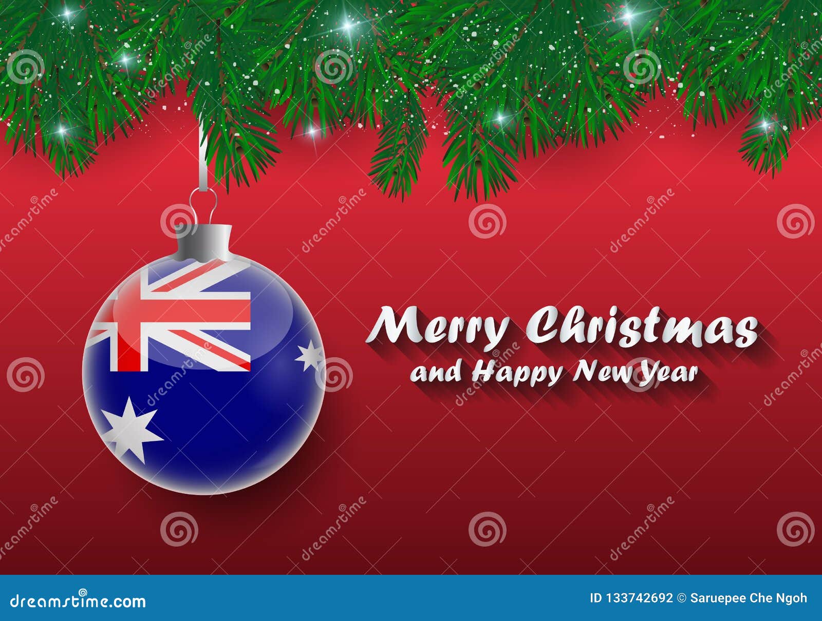 Vector Border of Christmas Tree Branches and Ball with Australia Stock ...
