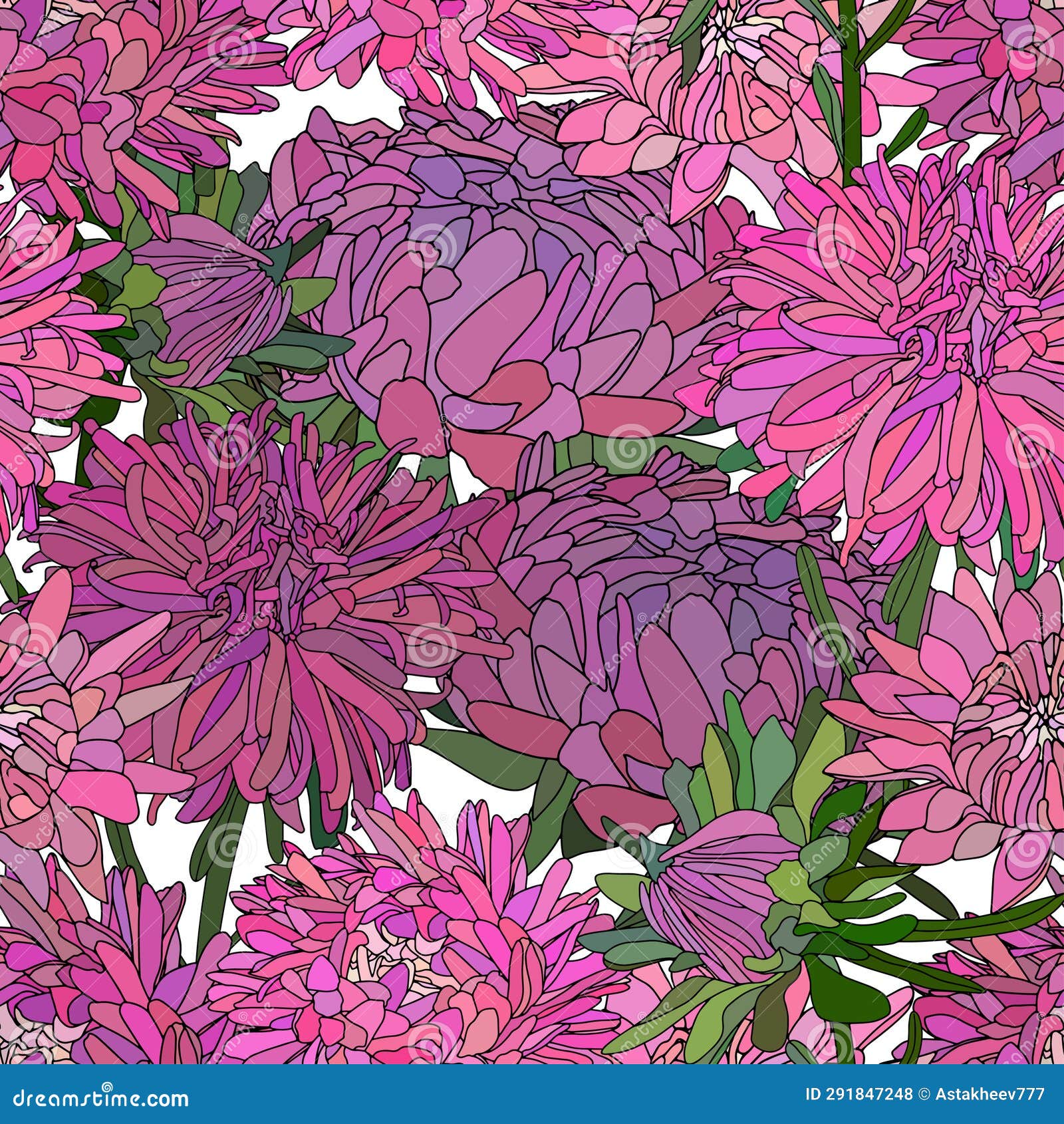 Vector Botanical Hand Drawn Pattern of Asters Flowers, Daisies Stock ...