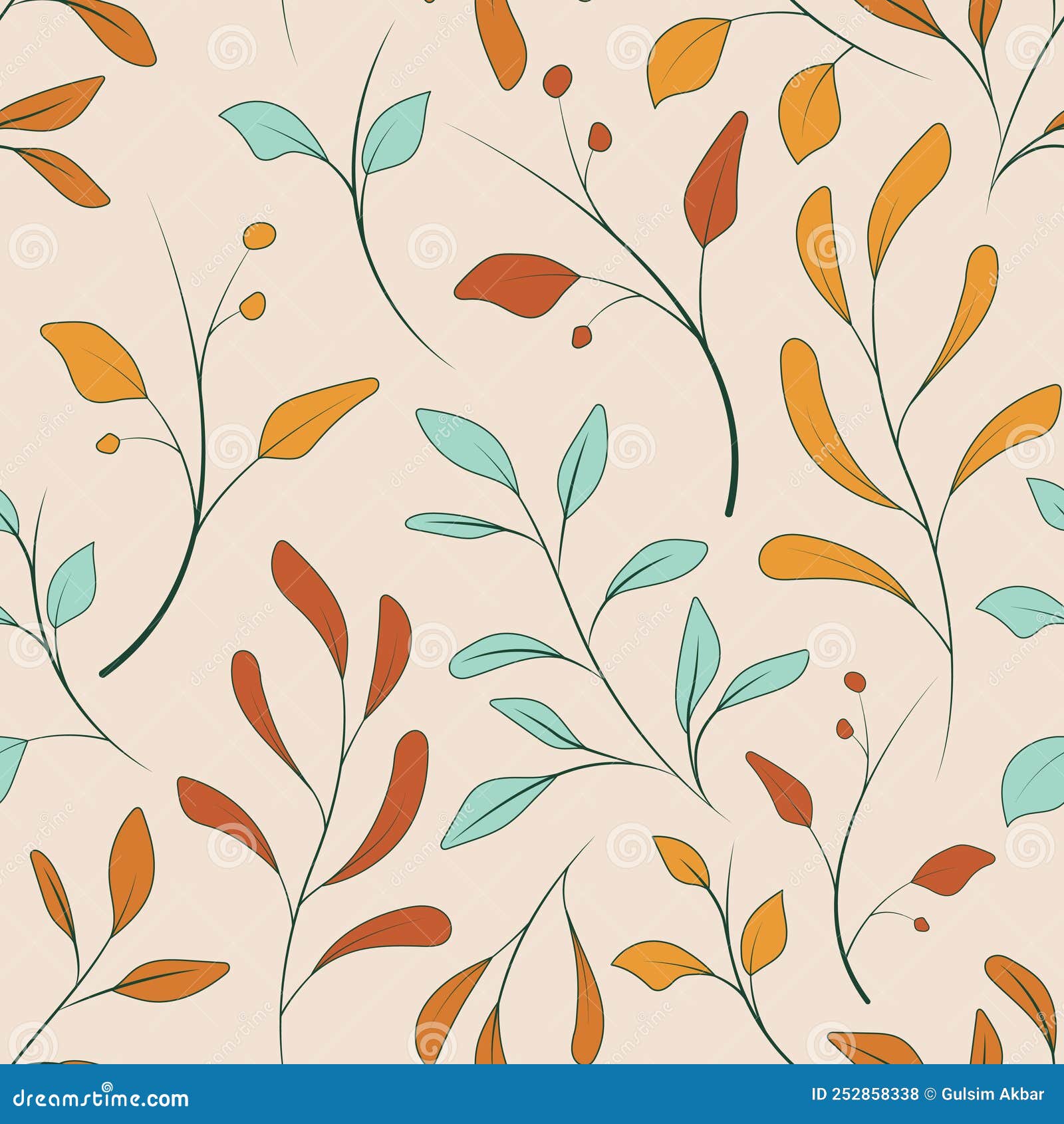 Vector Botanical Seamless Pattern with Stylized Leaves, Branches. Stock ...