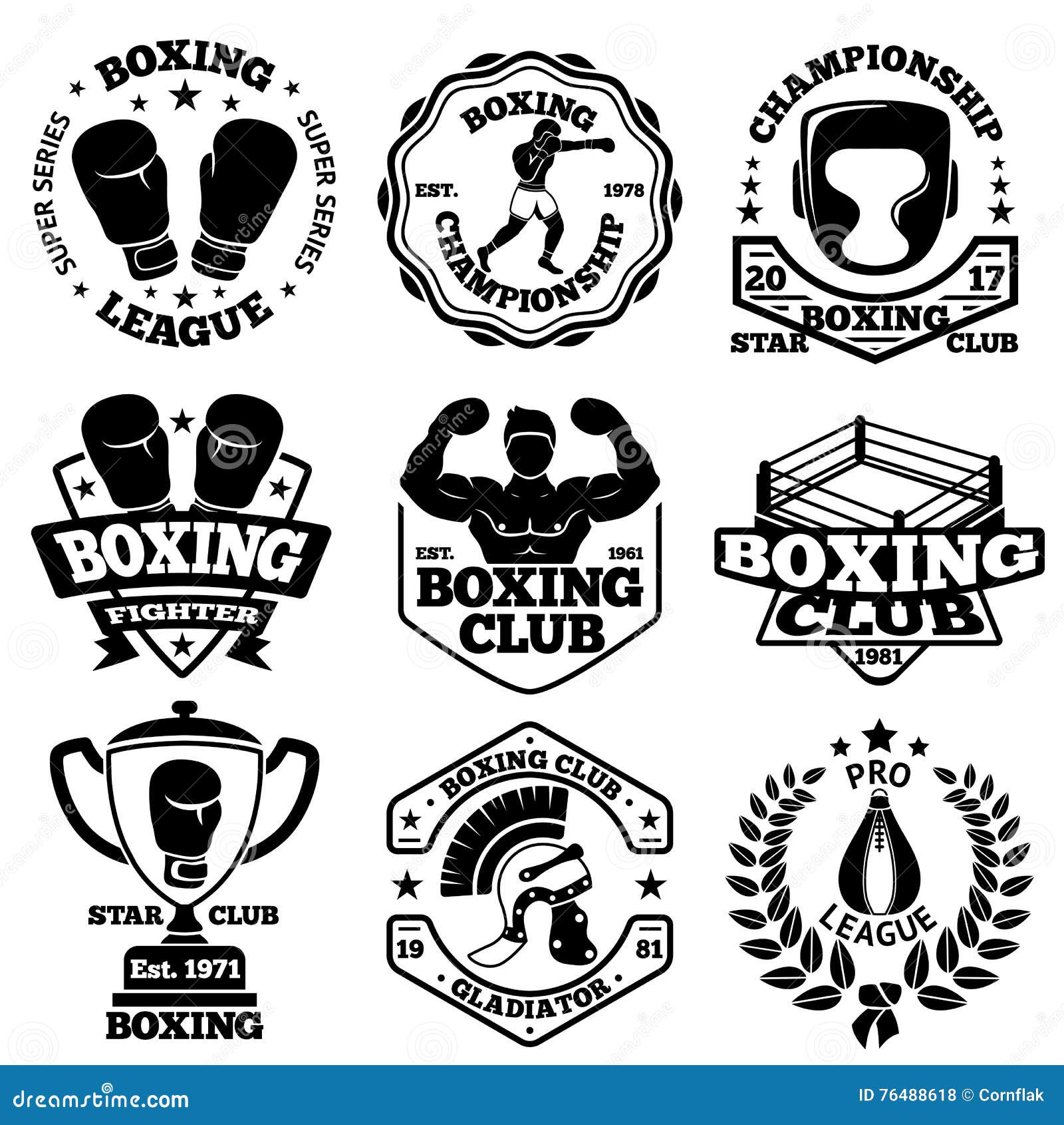 Vector Boxing Labels Set with - Boxer, Helmet, Gladiator, Goblet ...