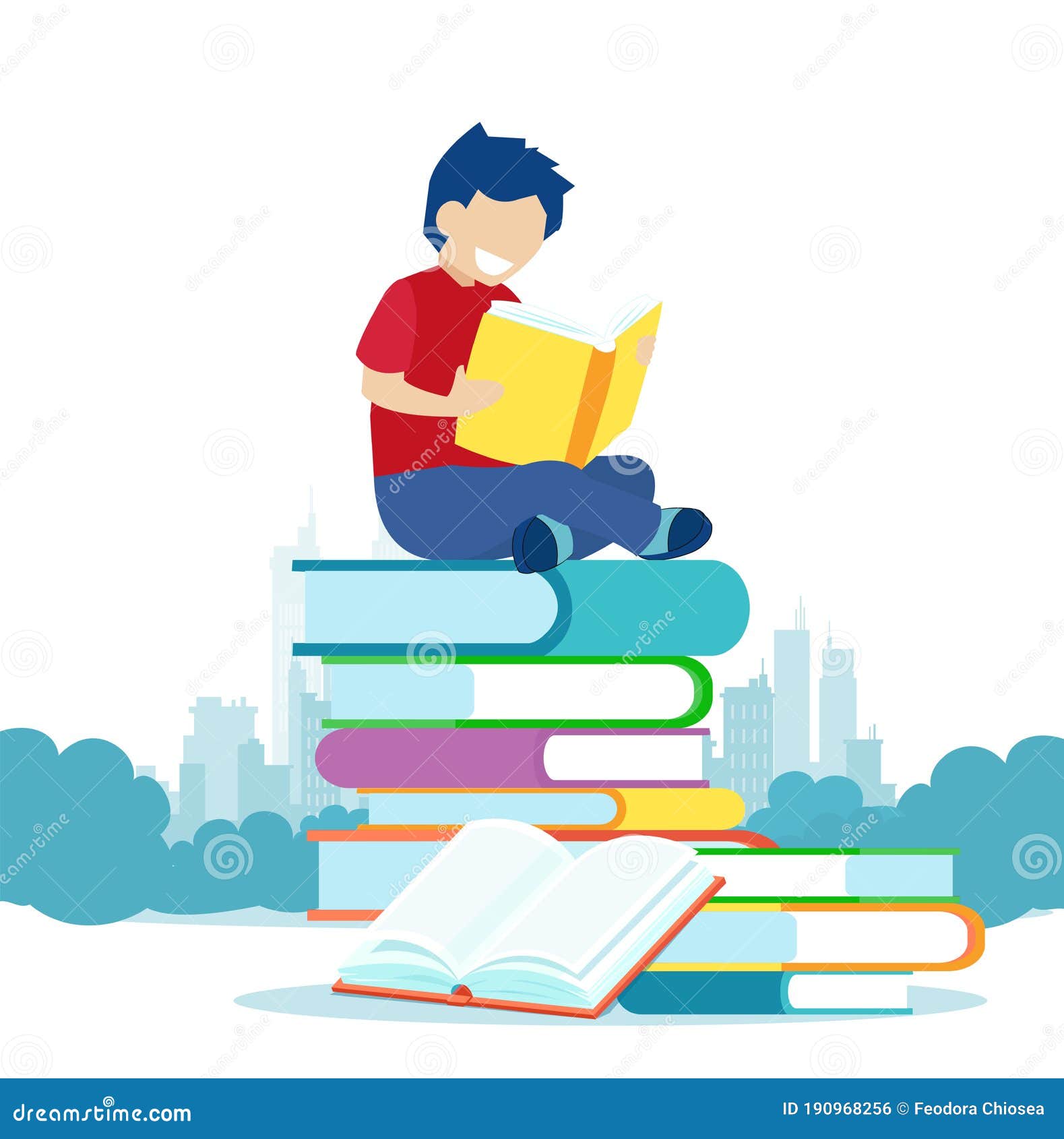 Vector of a Boy Sitting on a Pile of Books and Reading Stock Vector ...