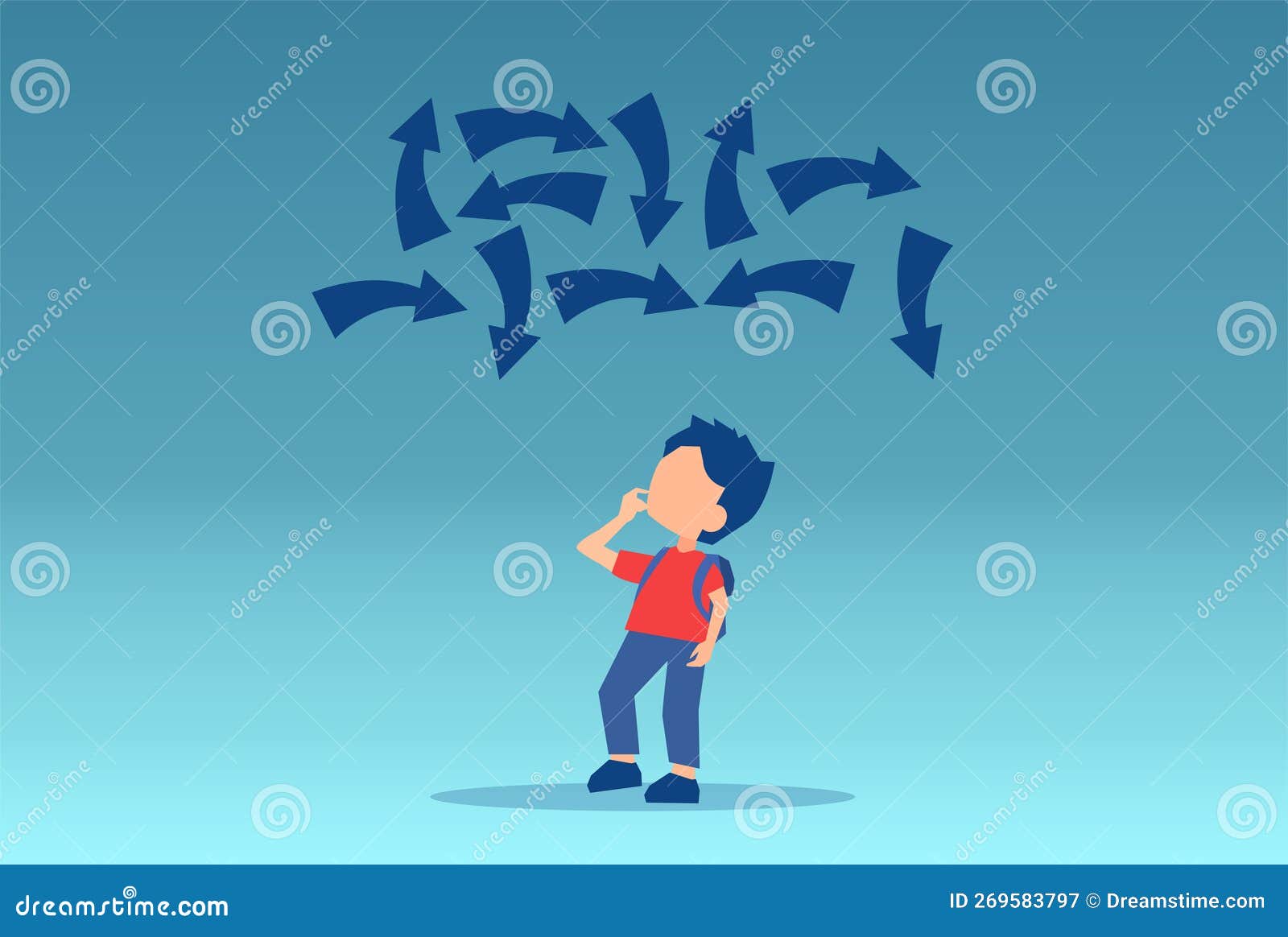 Vector of a Boy Student Looking Up Confused at Multiple Arrows Stock ...