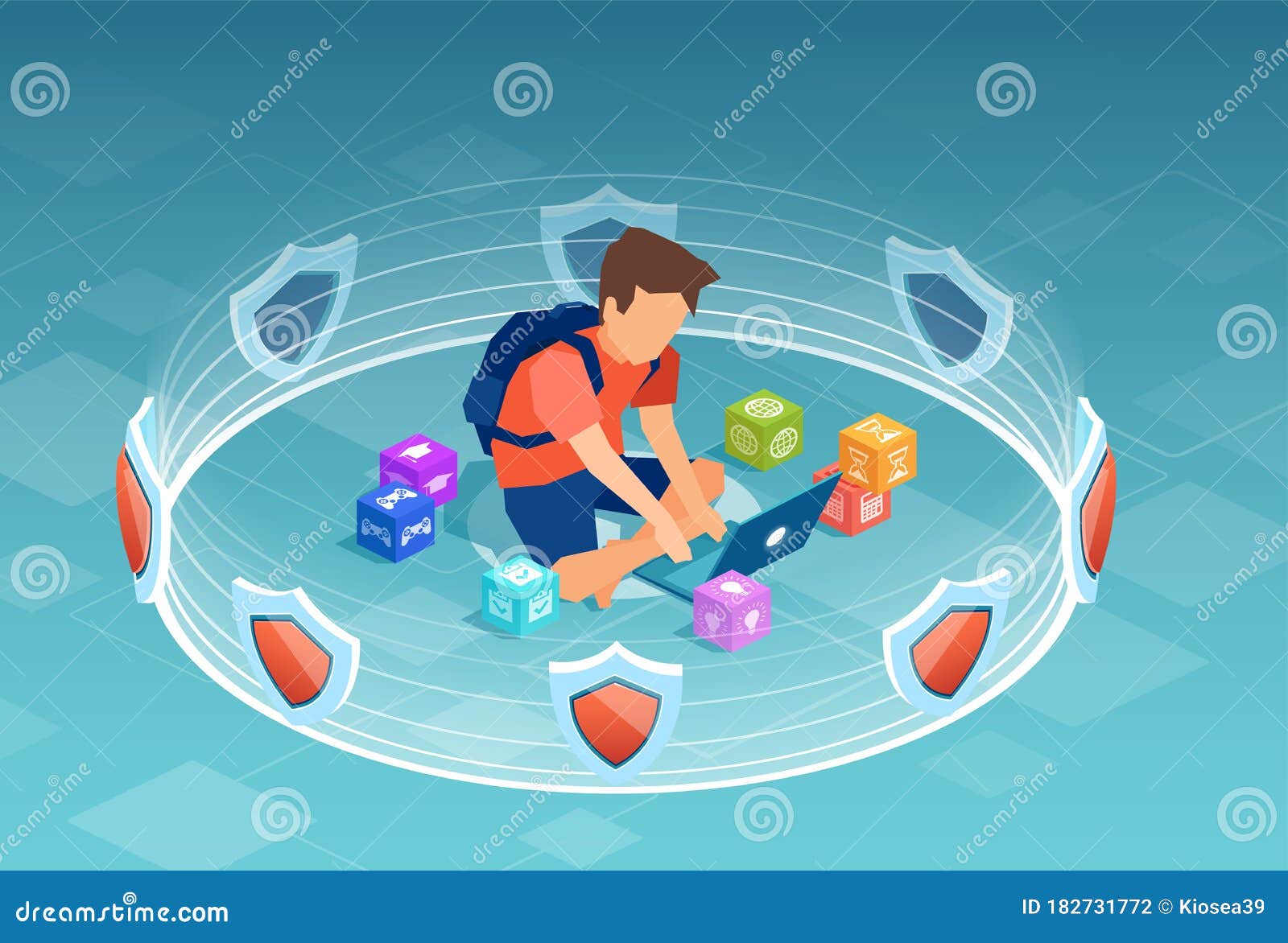 Vector of a Boy Using Laptop Computer Surrounded by 3d Shields ...