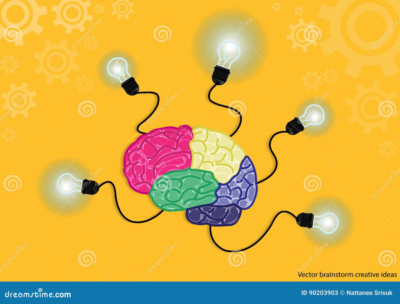 Vector Brainstorm Creative Ideas with Bulb Brain Cogs Yellow Background ... Vector Brainstorm Creative Ideas with Bulb Brain Cogs Yellow Background ...