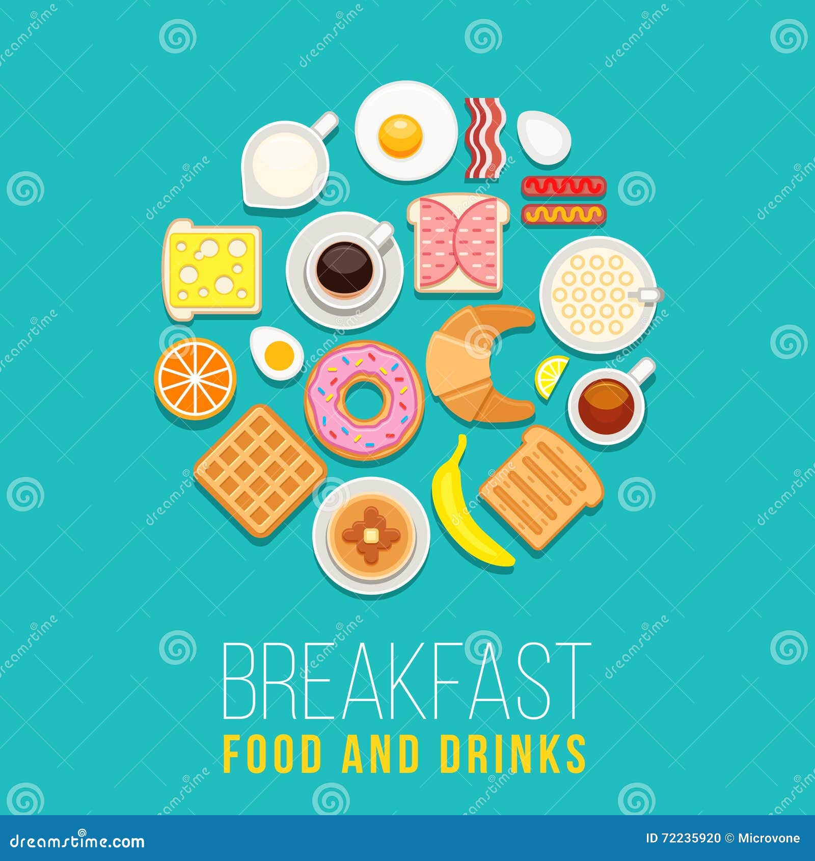 Vector Breakfast Concept Food and Drinks with Flat Icons in Circle ...