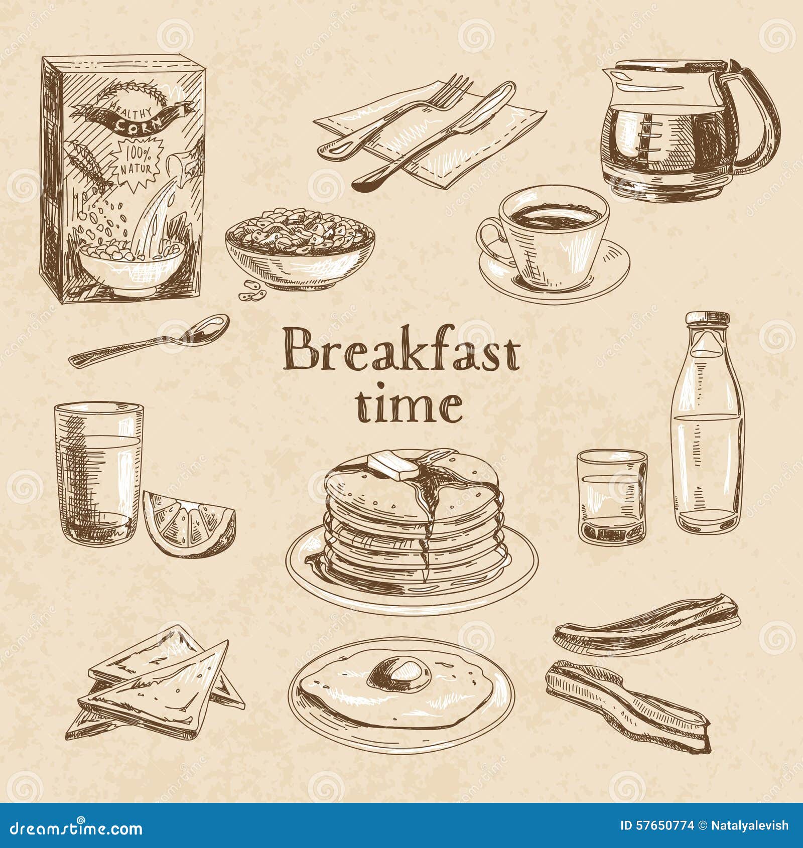 Vector Breakfast Hand Drawn Set Stock Illustration - Illustration of ...