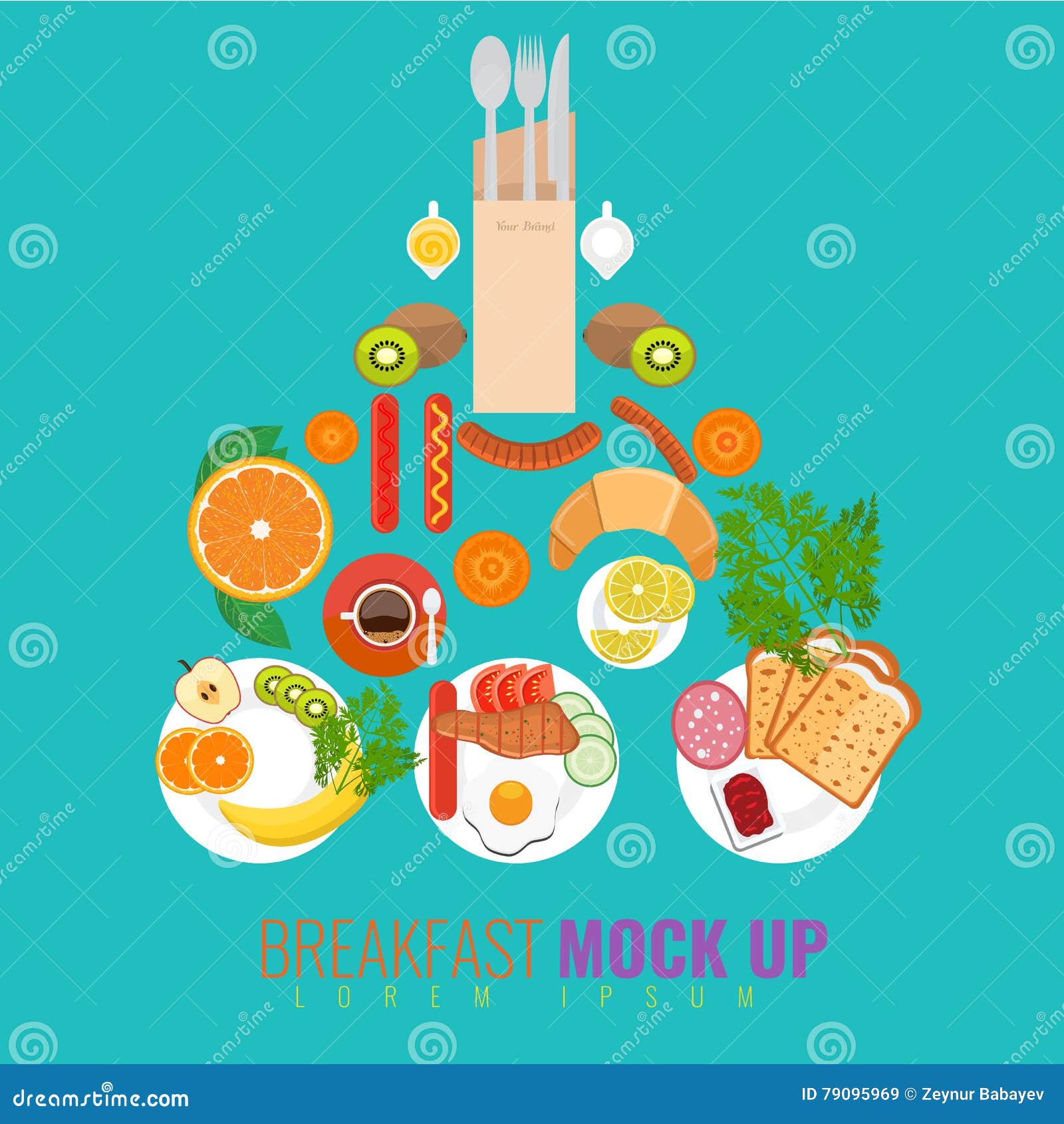 Vector Breakfast Mockup Concept with Food and Drinks Stock Illustration ...