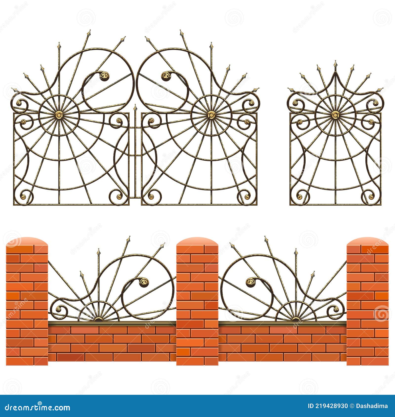 Vector Brick Fence with Wrought Iron Gates Stock Vector - Illustration ...