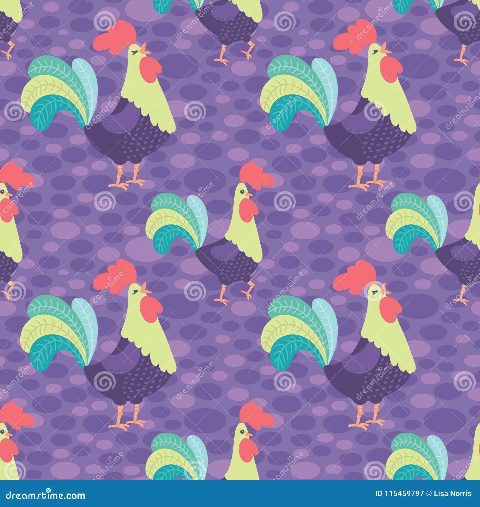 Vector Bright Purple Rooster Seamless Pattern Background. Stock ...