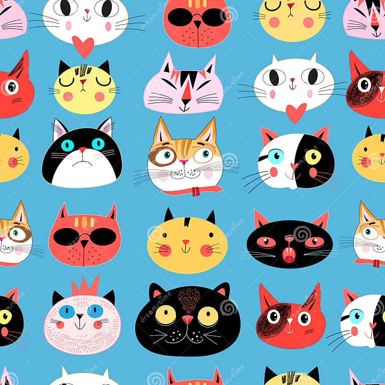 Vector Bright Seamless Pattern of Multi-colored Cat Portraits Stock ...