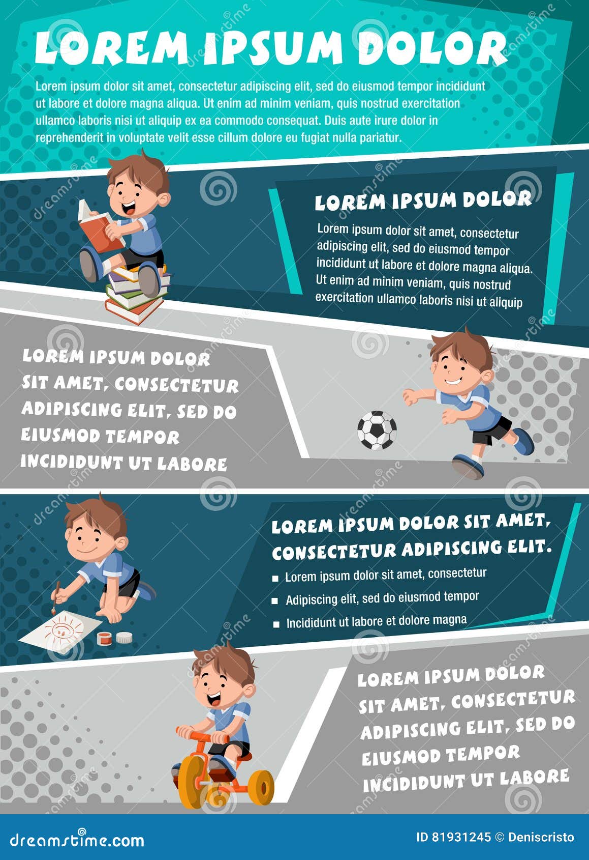 Vector Brochure Backgrounds with Happy Cartoon Boy Playing. Stock ...