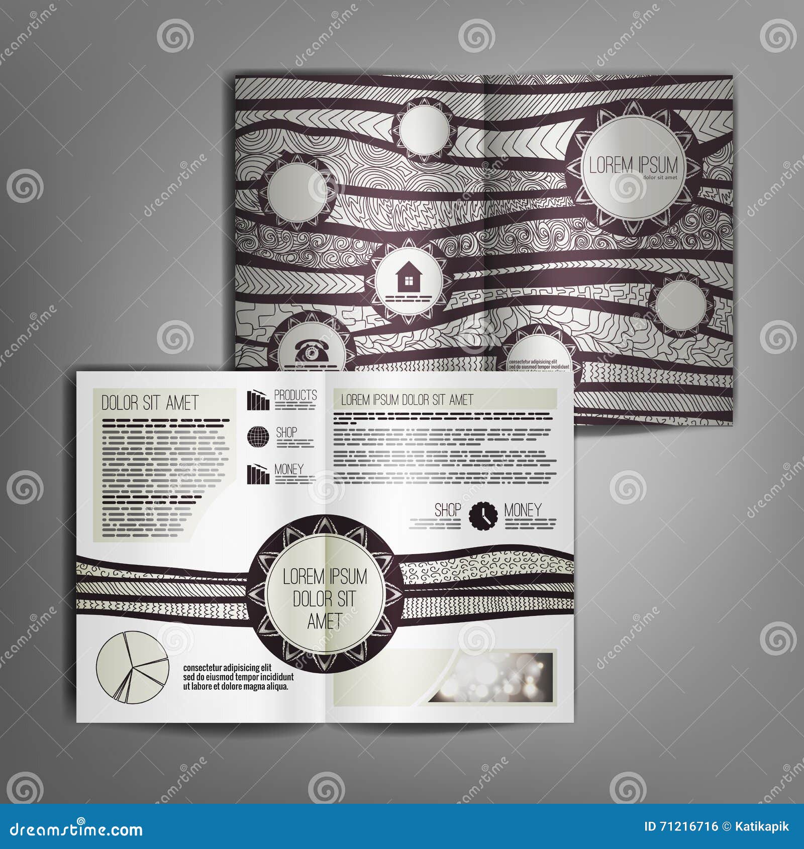 Vector Brochure Template Design with Hand Drawn Pattern of Lines Stock ...