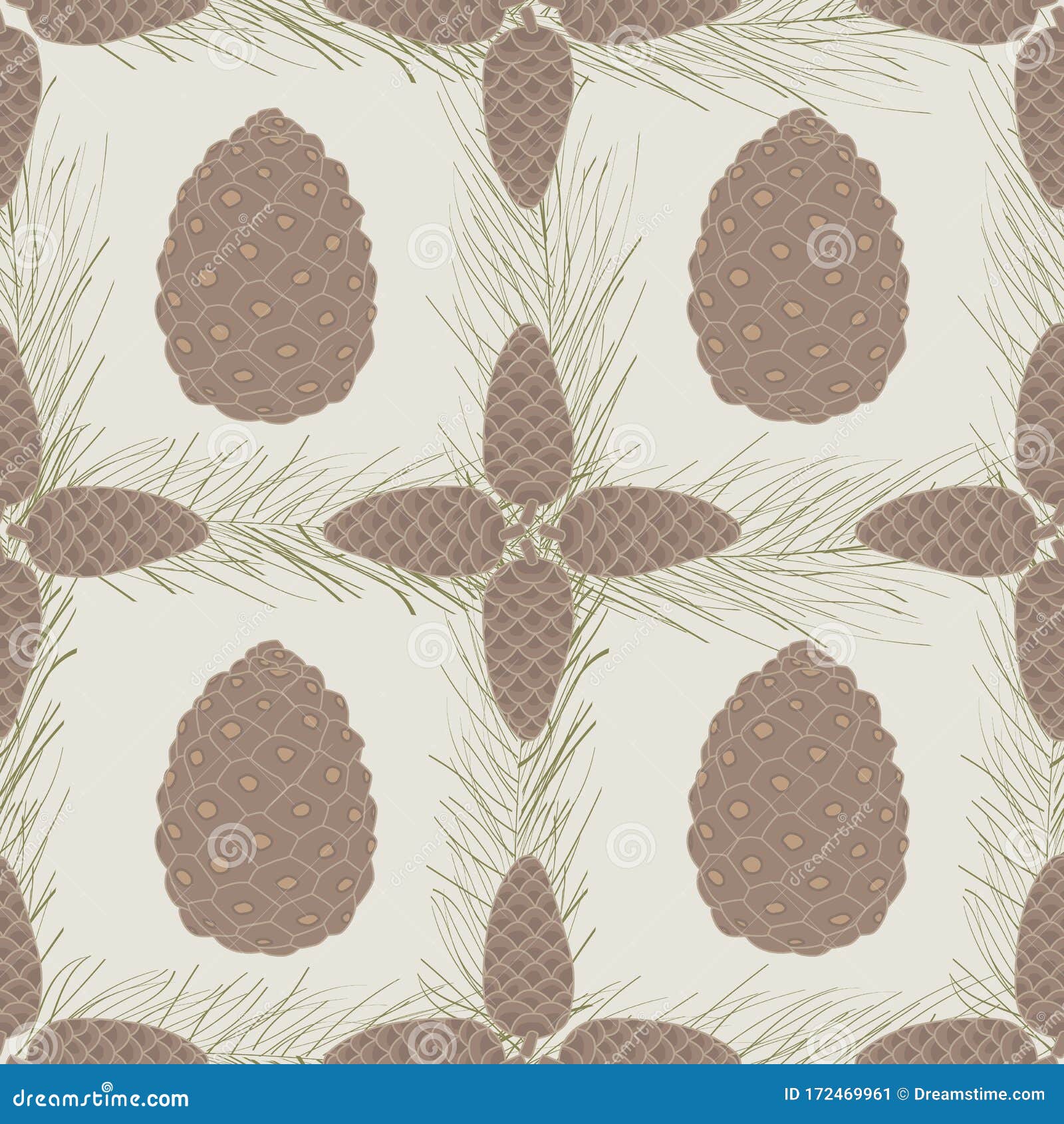 Vector Brown Pinecones and Green Pine Needles on Beige Background Seamless Repeat Pattern ...