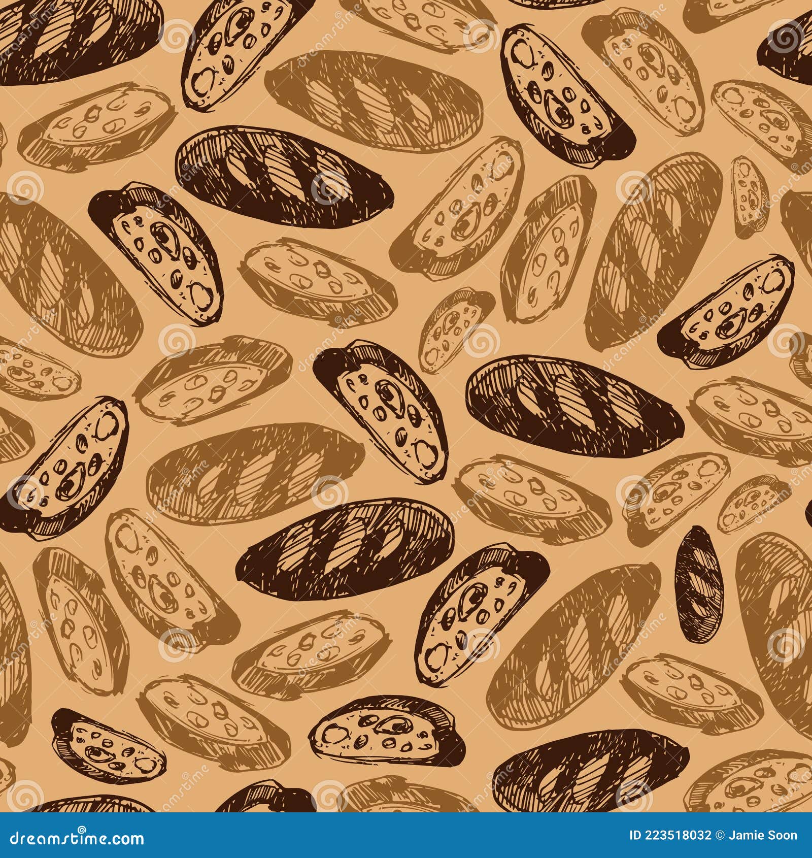 Vector Brown Scattered Doodle Slice Frence Loaf Bread Repeat Pattern ...