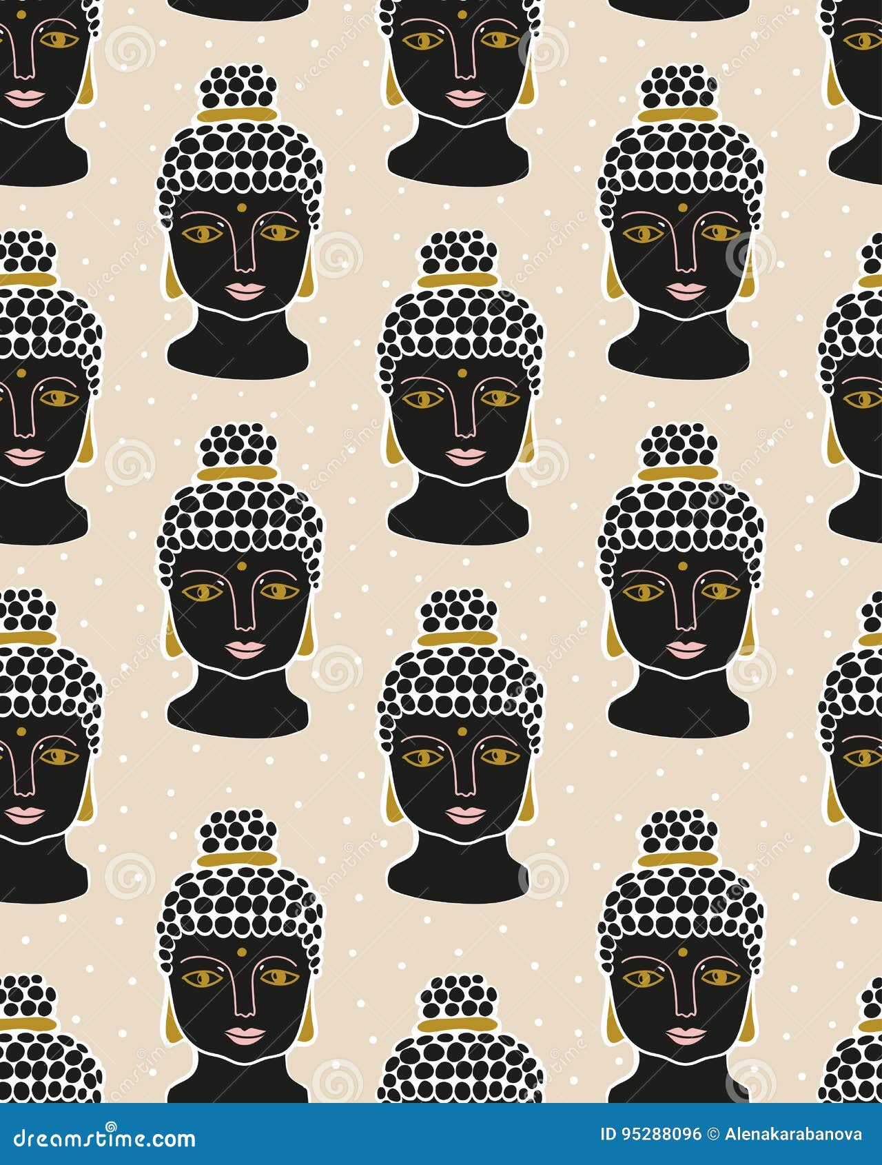 Vector Buddha Seamless Pattern on the Polka Dot Background. Hand Drawn ...