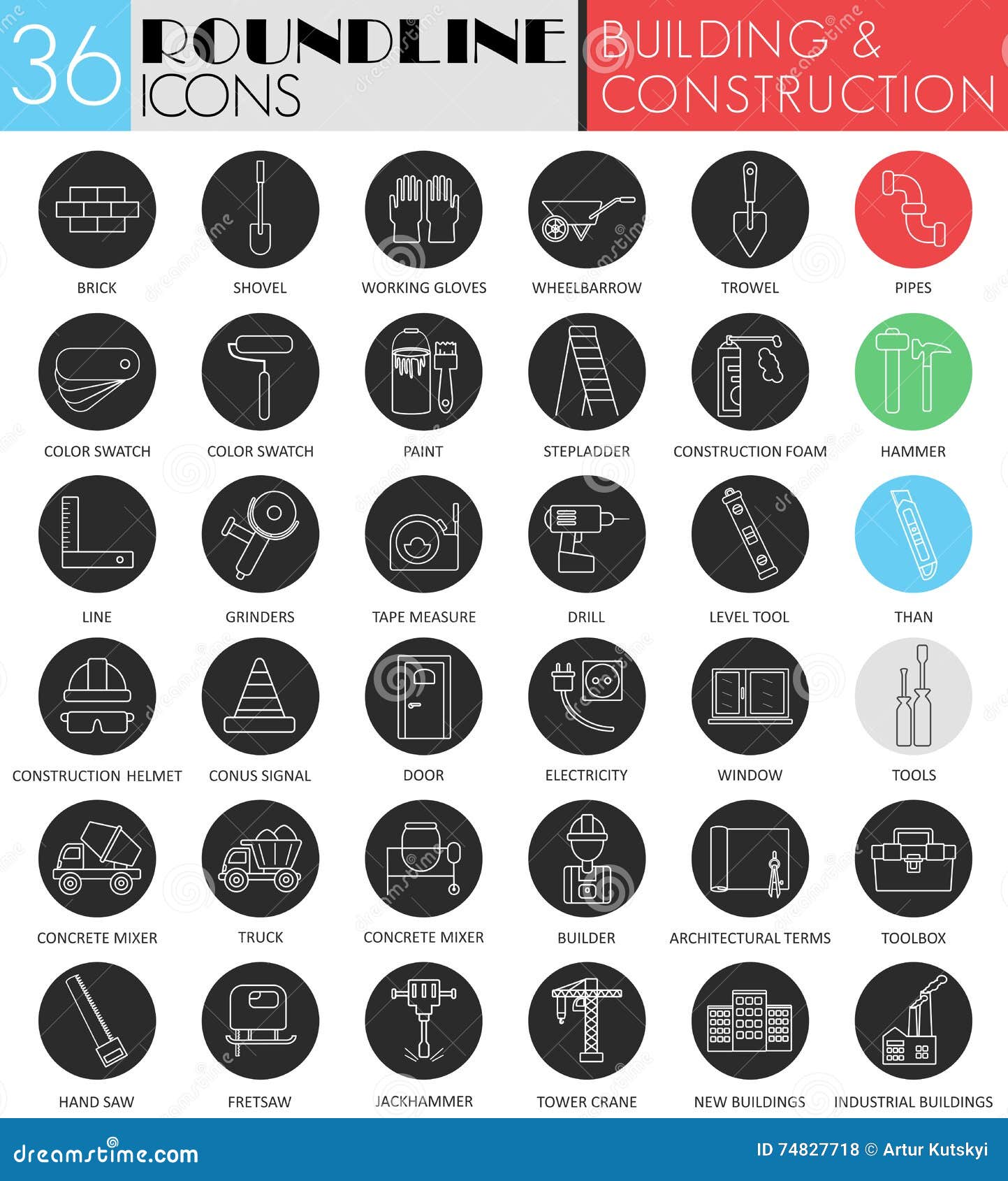 Vector Building and Construction Circle White Black Icon Set. Stock ...