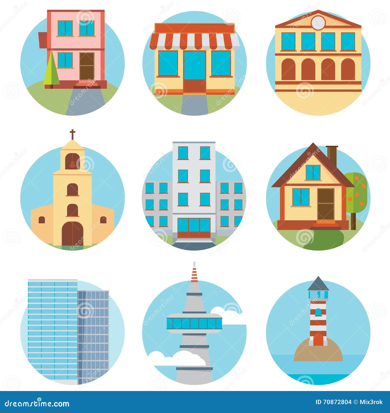 Vector Building Icons - Round Emblems with Illustrations in Flat Stock ...