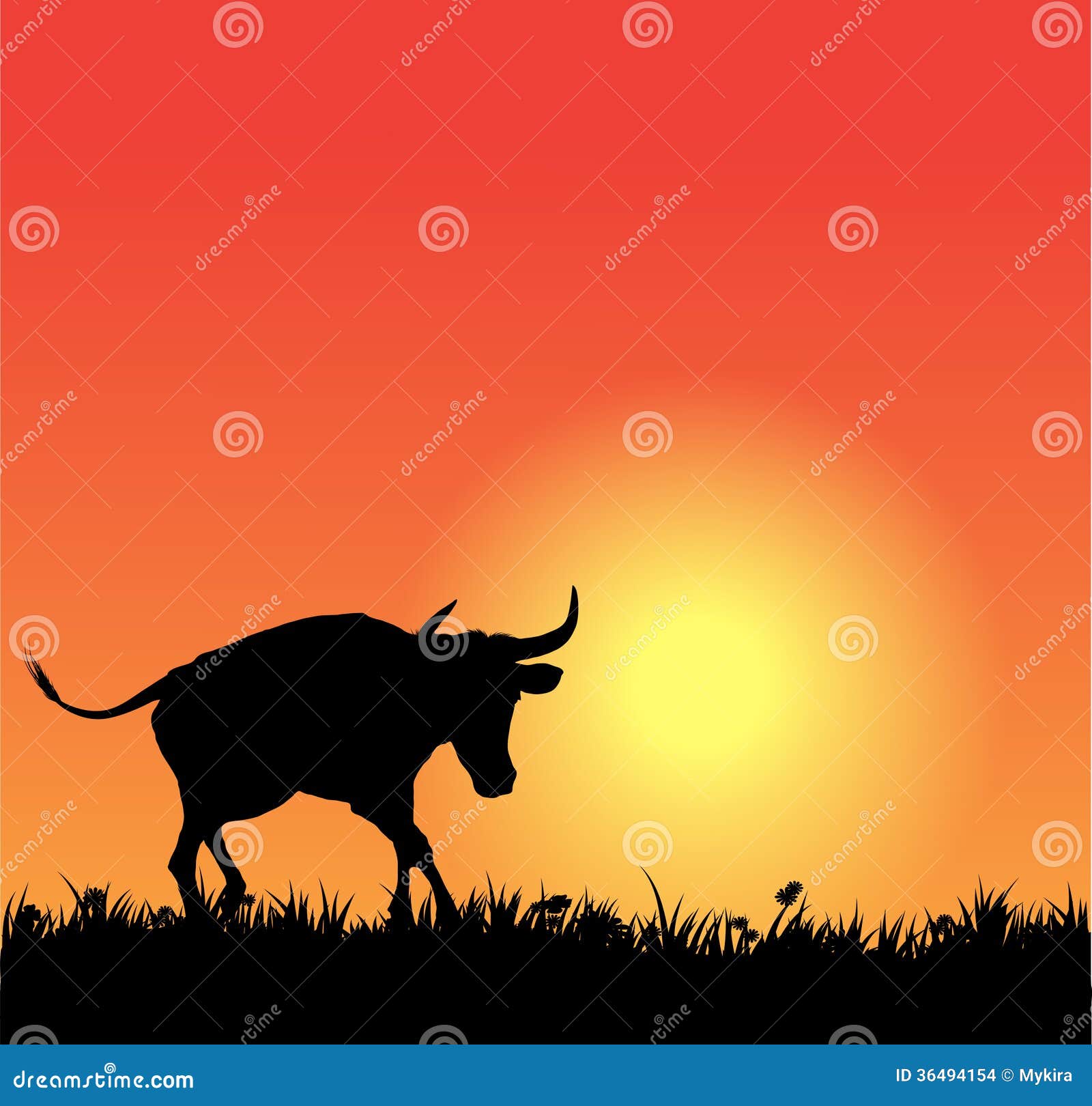 Vector Bull Silhouette on Sunset Stock Vector - Illustration of ...
