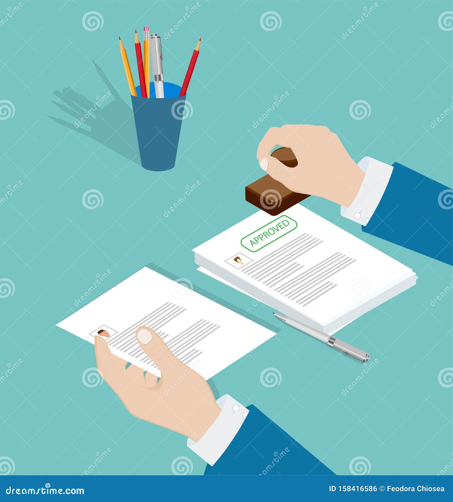 Vector of a Business Man Hand with Stamp Approving Application Document ...