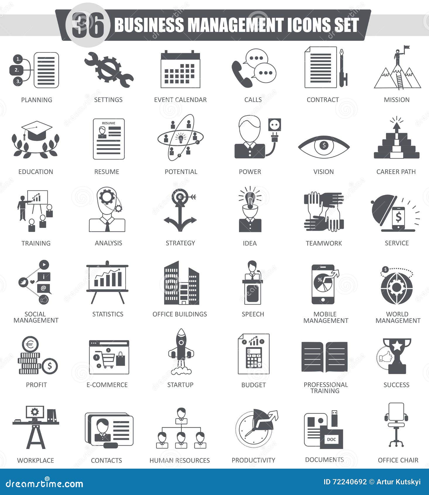 Vector Business Management Black Icon Set. Dark Grey Classic Icon ...