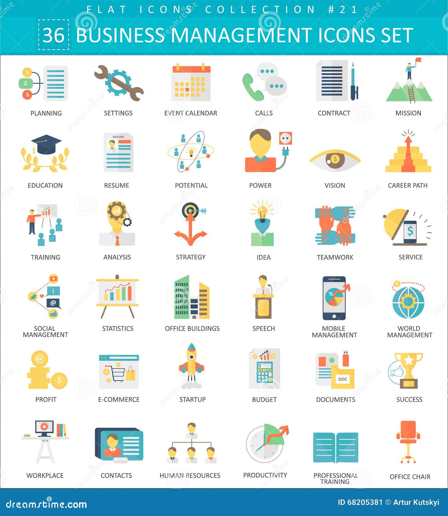 Vector Business Management Color Flat Icon Set. Elegant Style Design ...