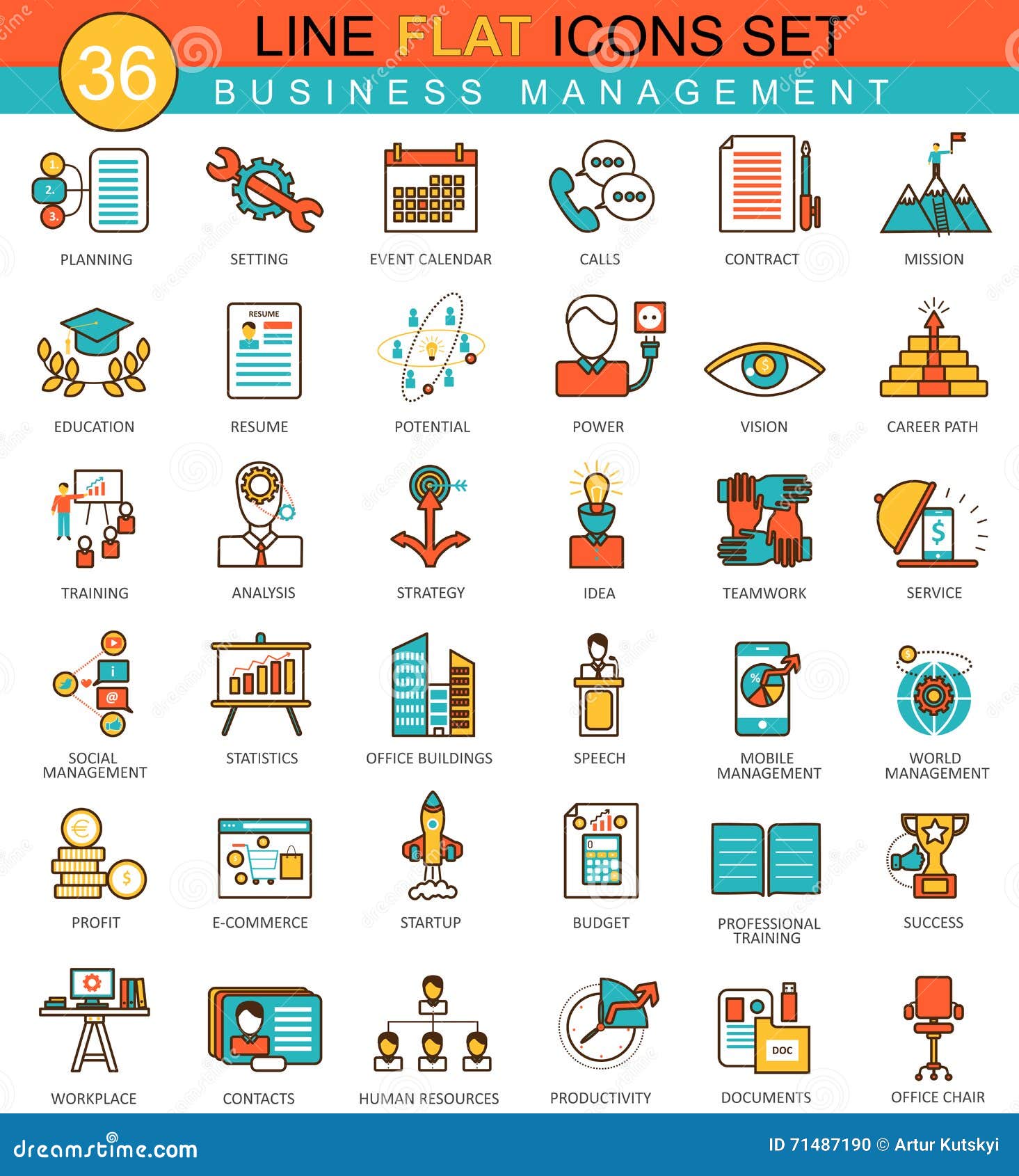 Vector Business Management Flat Line Icon Set. Modern Elegant Style ...