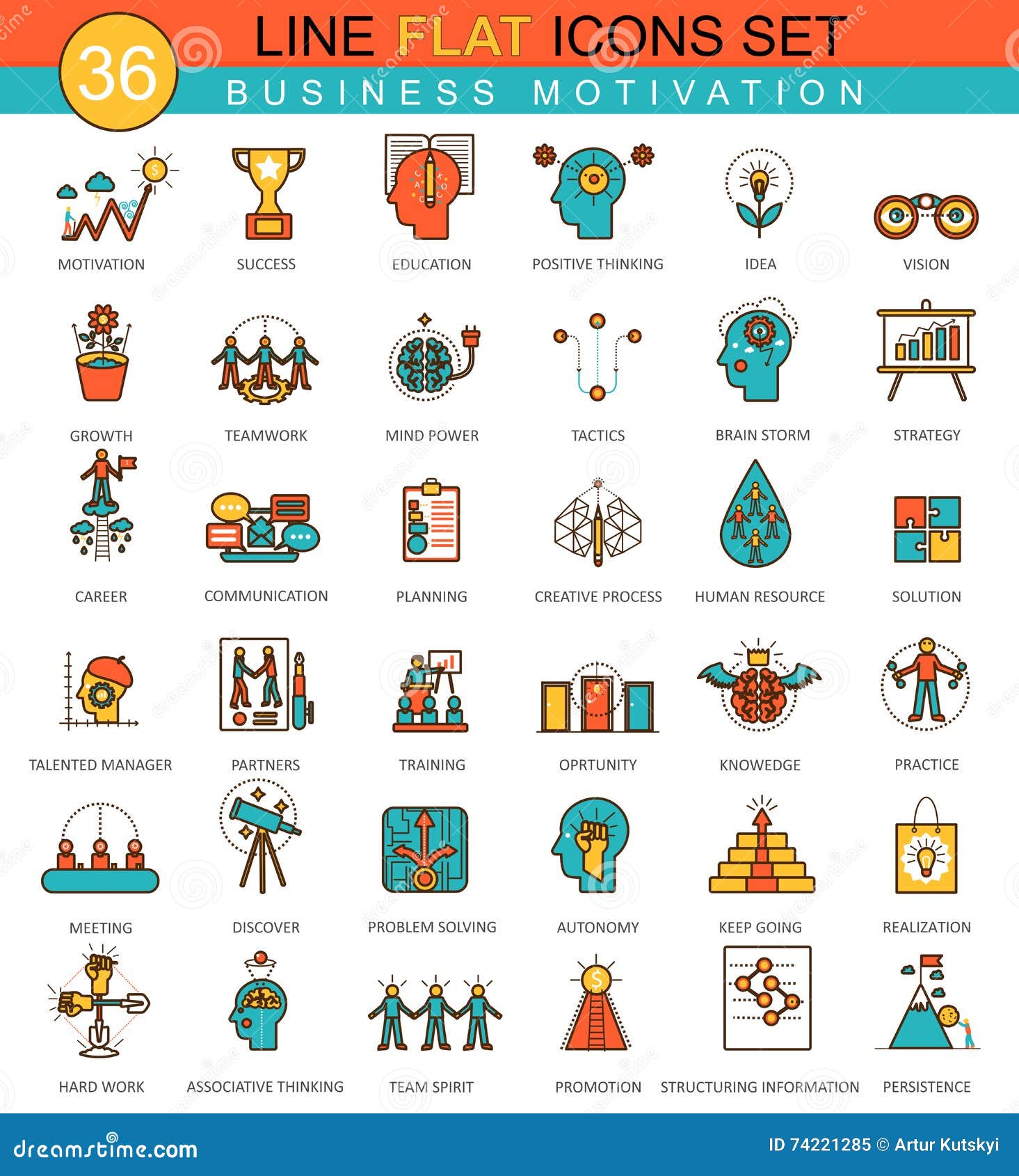 Vector Business Motivation and Discipline Flat Line Icon Set. Stock ...