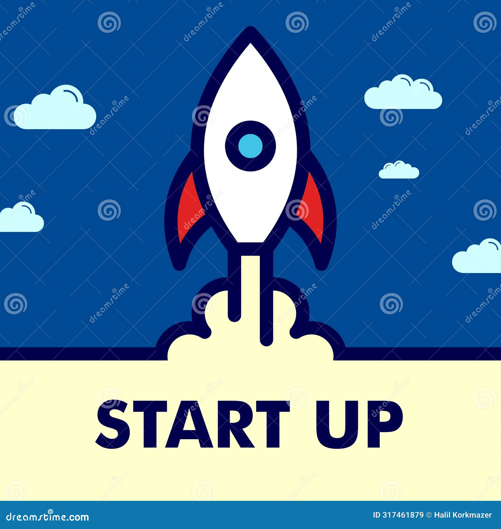 Start Up Flat Icon with Rocket on Blue Background. Vector Illustration ...
