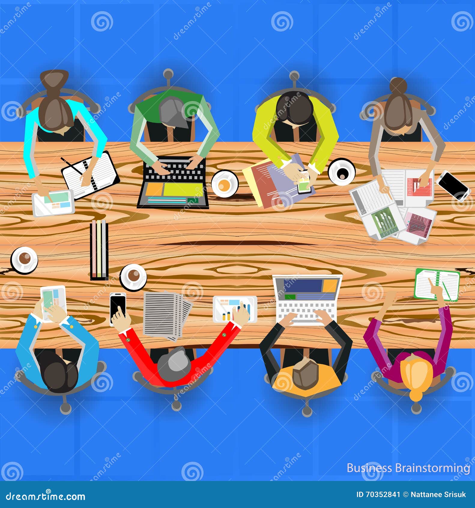 Vector Businessman Brainstorming and Meeting on Wooden Table Stock ...