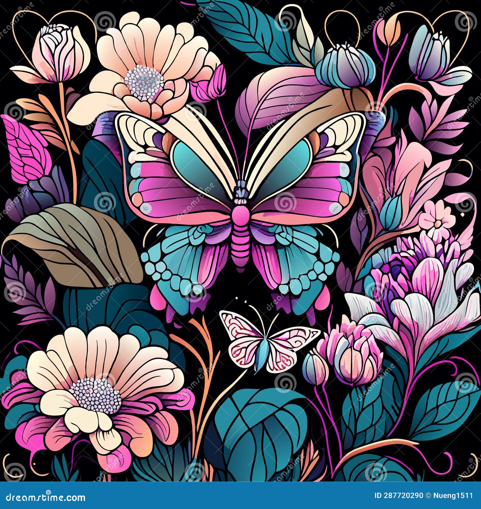 Butterfly in Flower Pattern Seamless Background Illustrations Stock ...