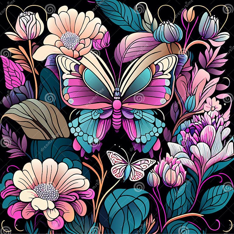 Butterfly in Flower Pattern Seamless Background Illustrations Stock ...