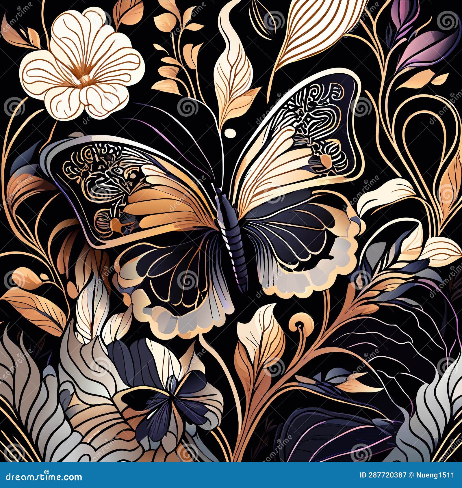 Butterfly in Flower Pattern Seamless Background Illustrations Stock ...