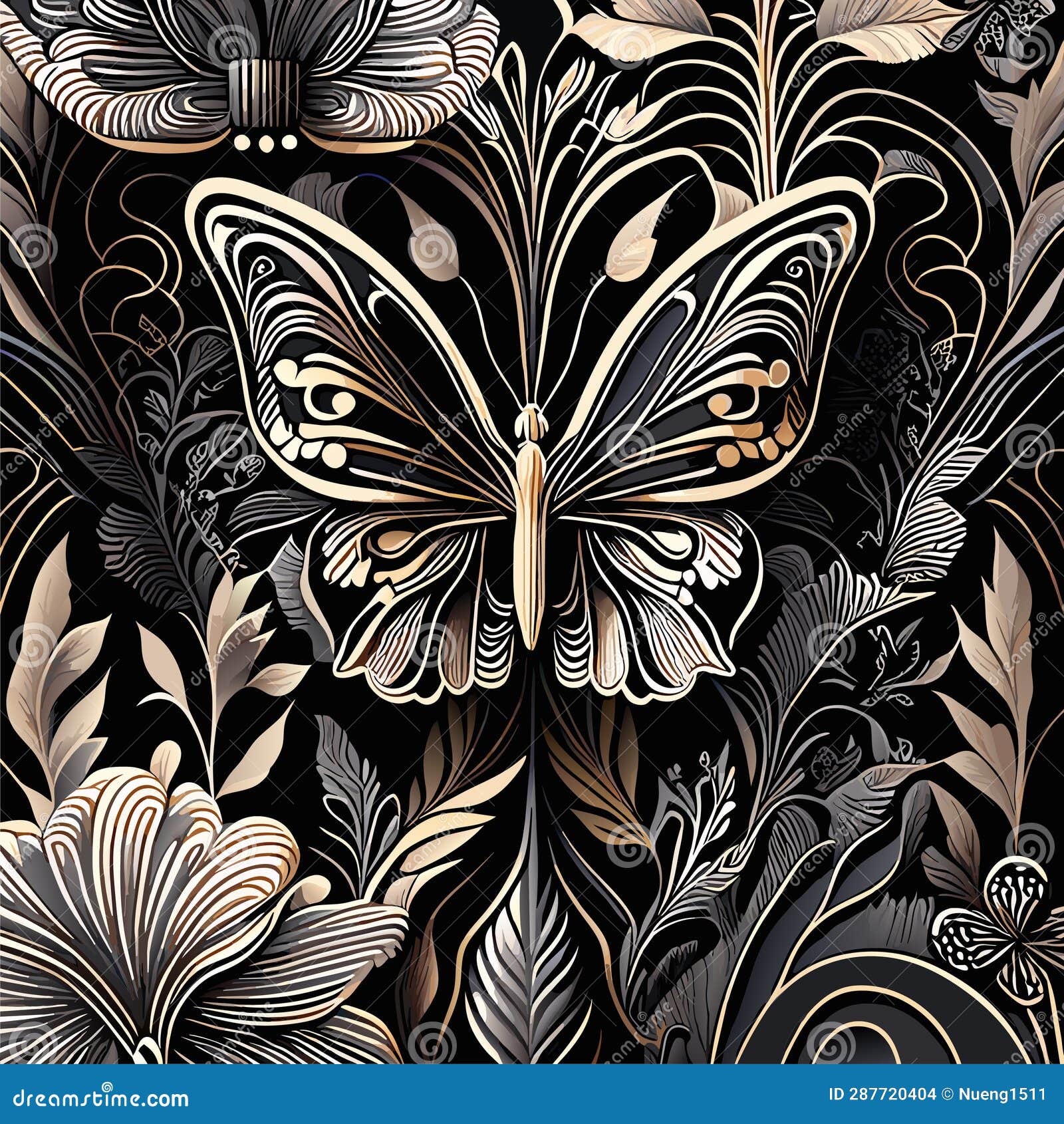 Butterfly in Flower Pattern Seamless Background Illustrations Stock ...