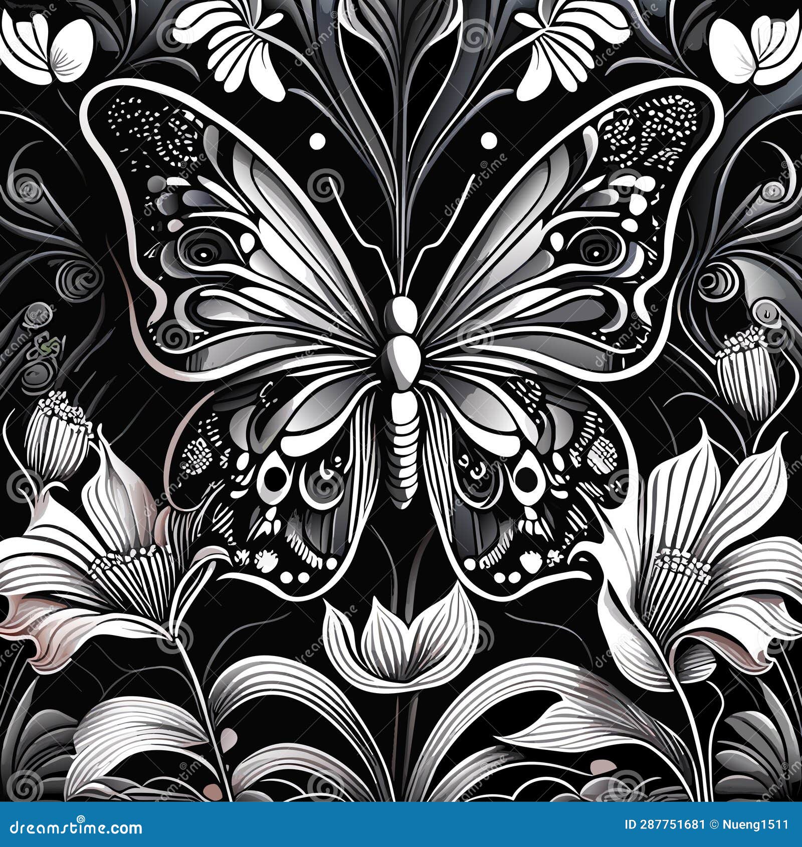 Butterfly in Flower Pattern Seamless Background Illustrations Stock ...