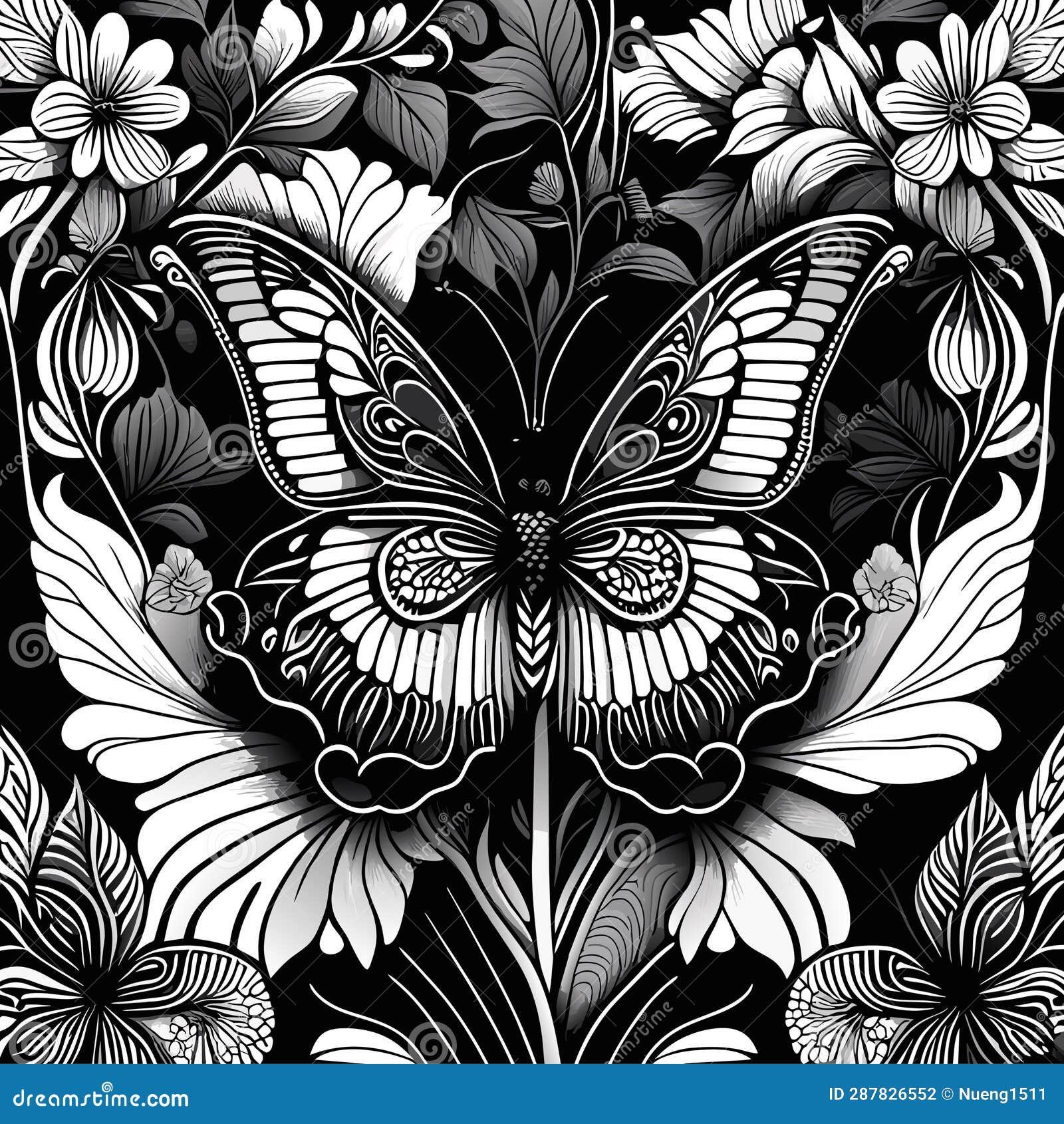 Butterfly in Flower Pattern Seamless Background Illustrations Stock ...