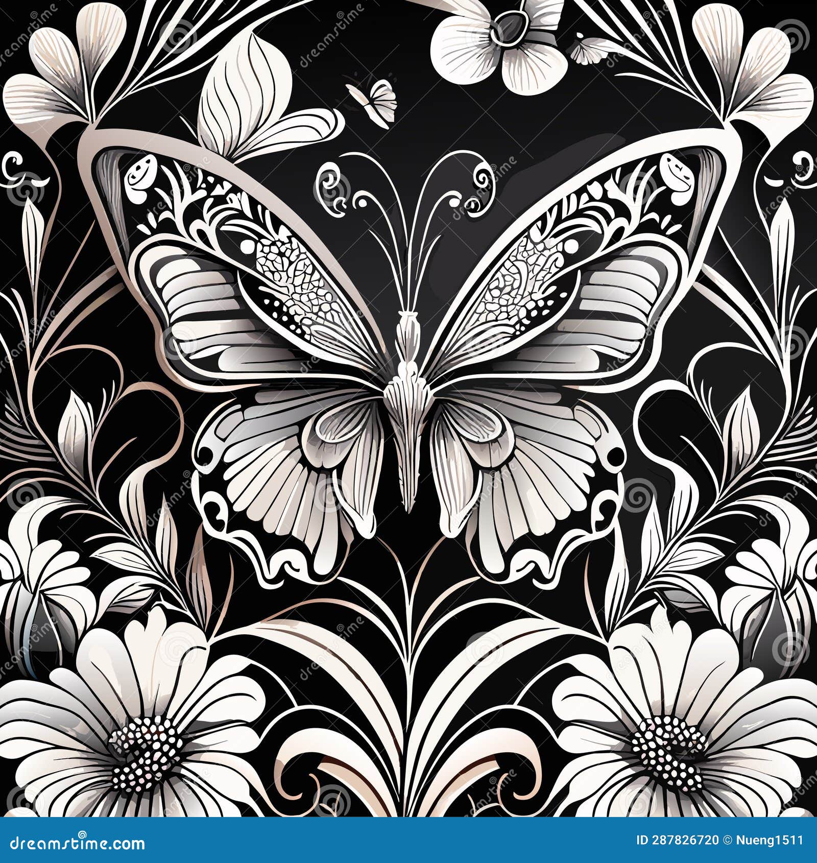 Butterfly in Flower Pattern Seamless Background Illustrations Stock ...