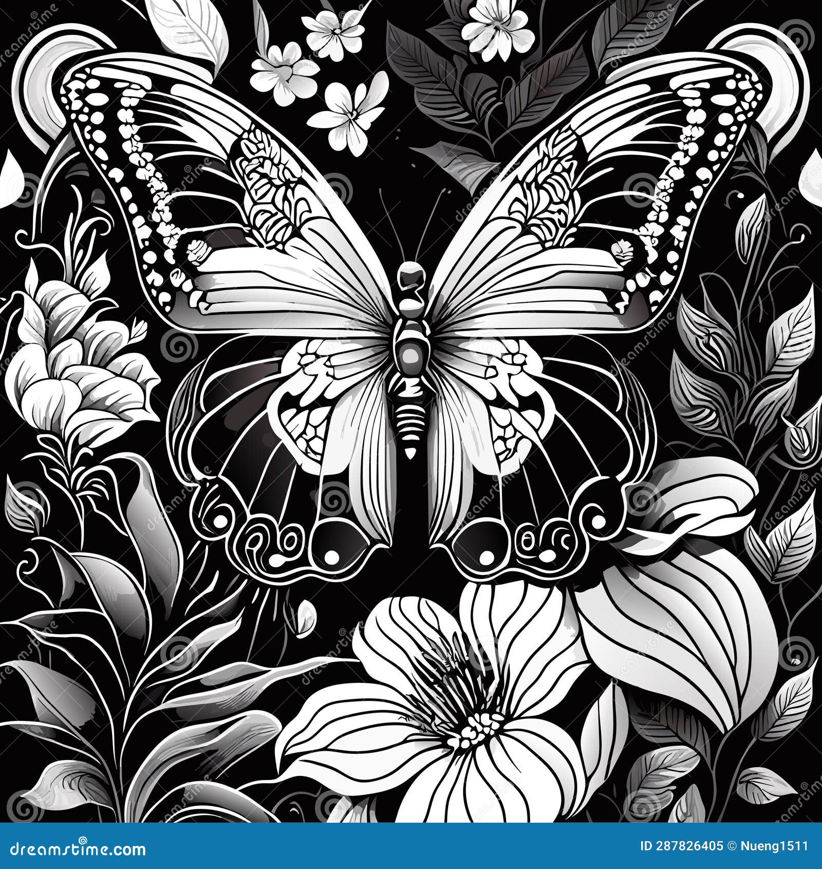 Butterfly in Flower Pattern Seamless Background Illustrations Stock ...