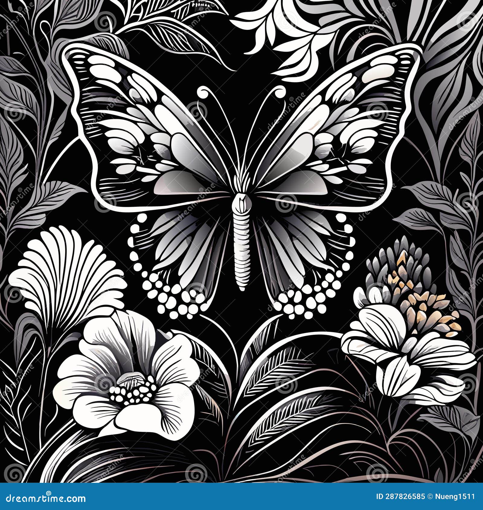 Butterfly in Flower Pattern Seamless Background Illustrations Stock ...
