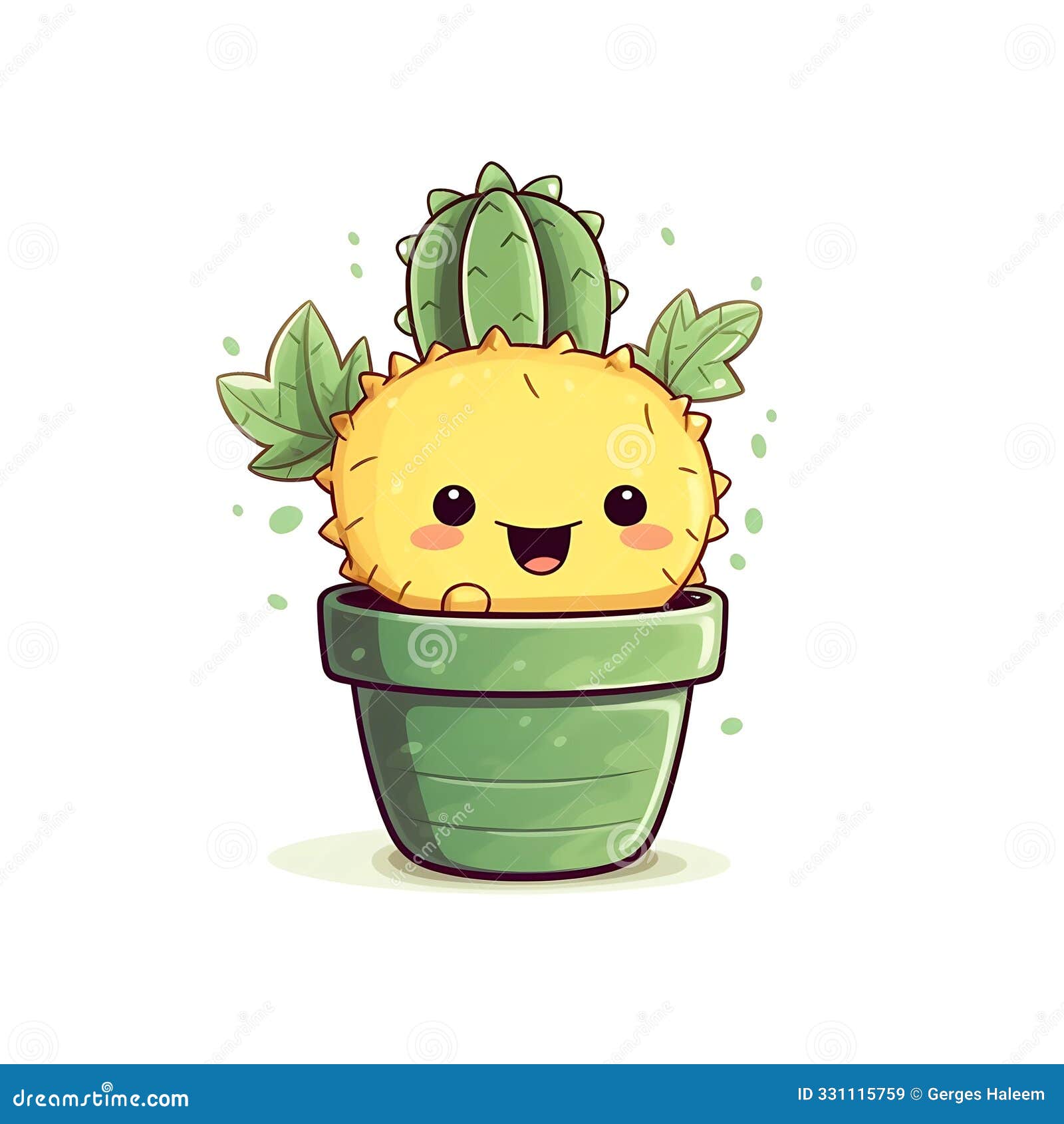 Cute Cartoon Cactus Character with Smiling Face in a Green Pot on a ...
