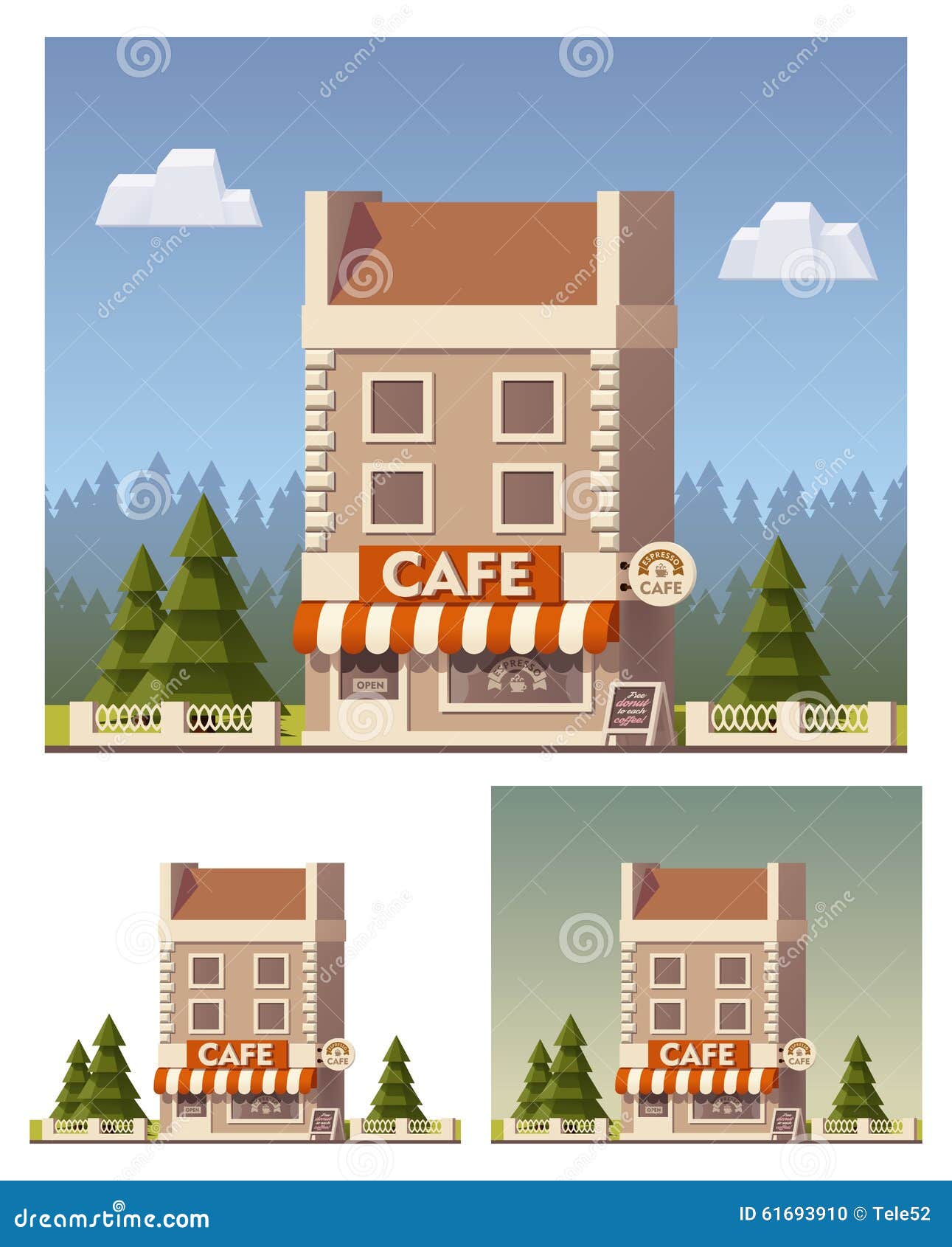 Cafe Building Facade With Outdoor Street Chair Seats And Table. Flat ...