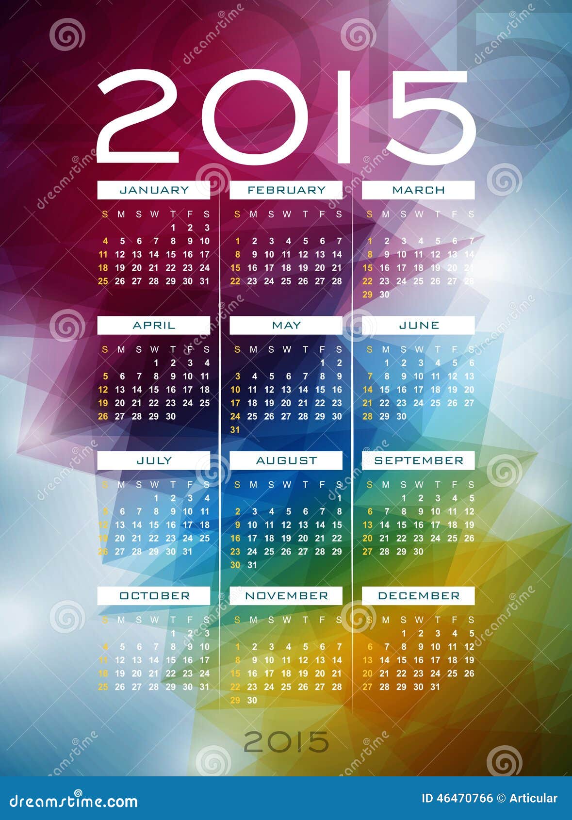 Vector Calendar 2015 Illustration on Abstract Color Background. Stock ...