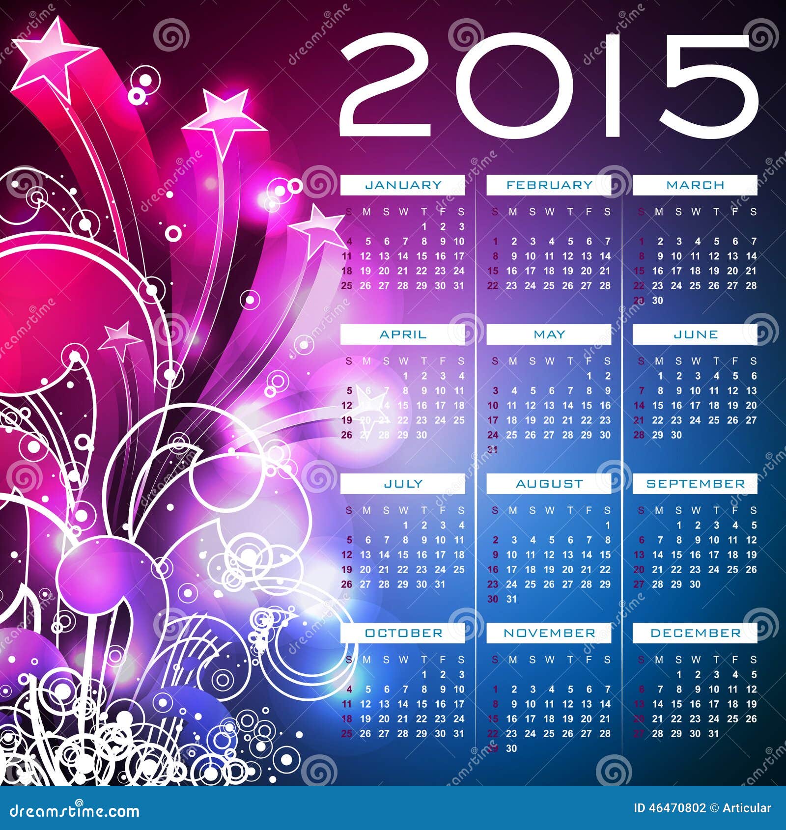 Vector Calendar 2015 Illustration on Abstract Color Background. Stock ...