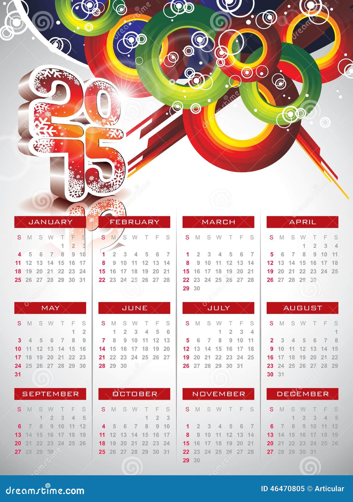 Vector Calendar 2015 Illustration on Abstract Color Background. Stock ...