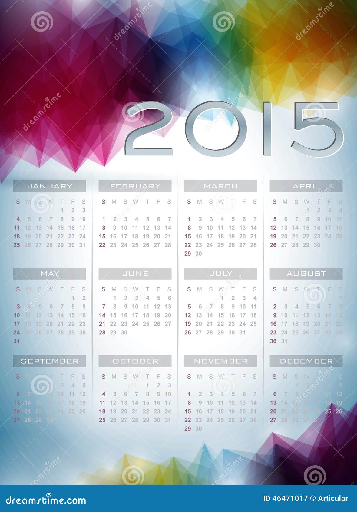 Vector Calendar 2015 Illustration on Abstract Color Background. Stock ...