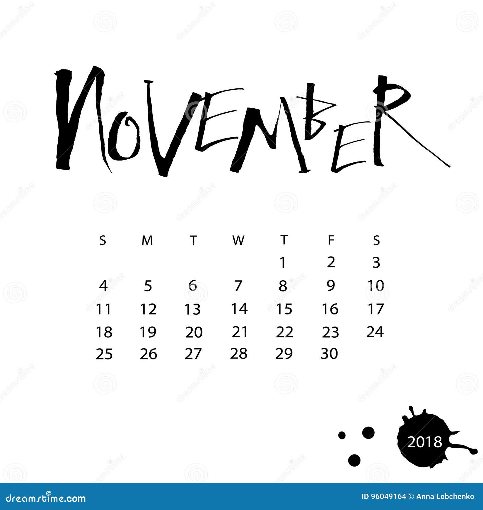 Vector Calendar for November 2018. Stock Vector - Illustration of ...