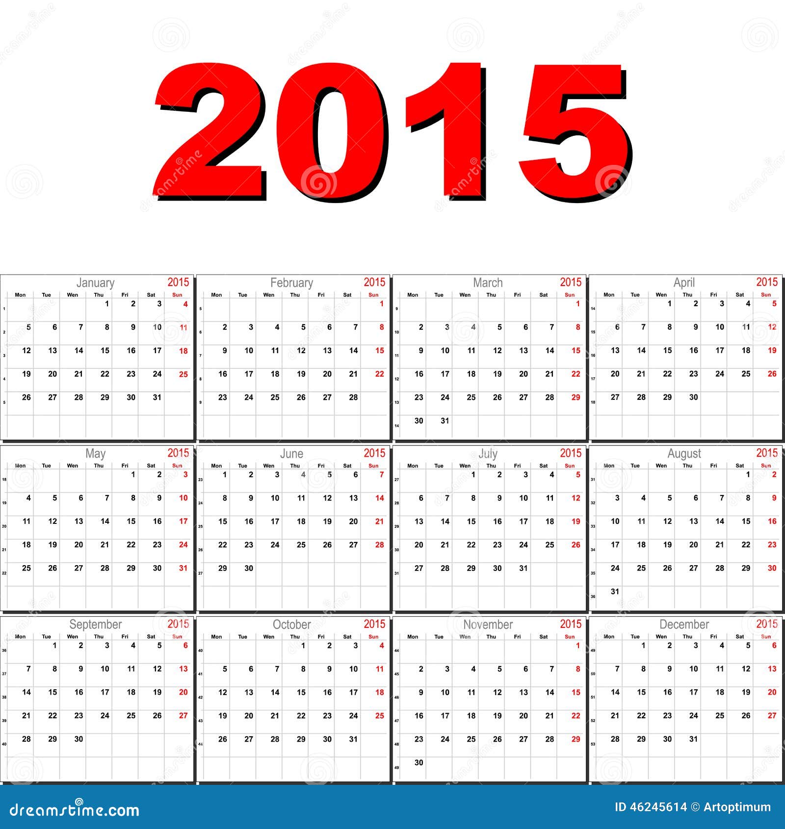 Vector calendar for 2015 stock vector. Illustration of december - 46245614