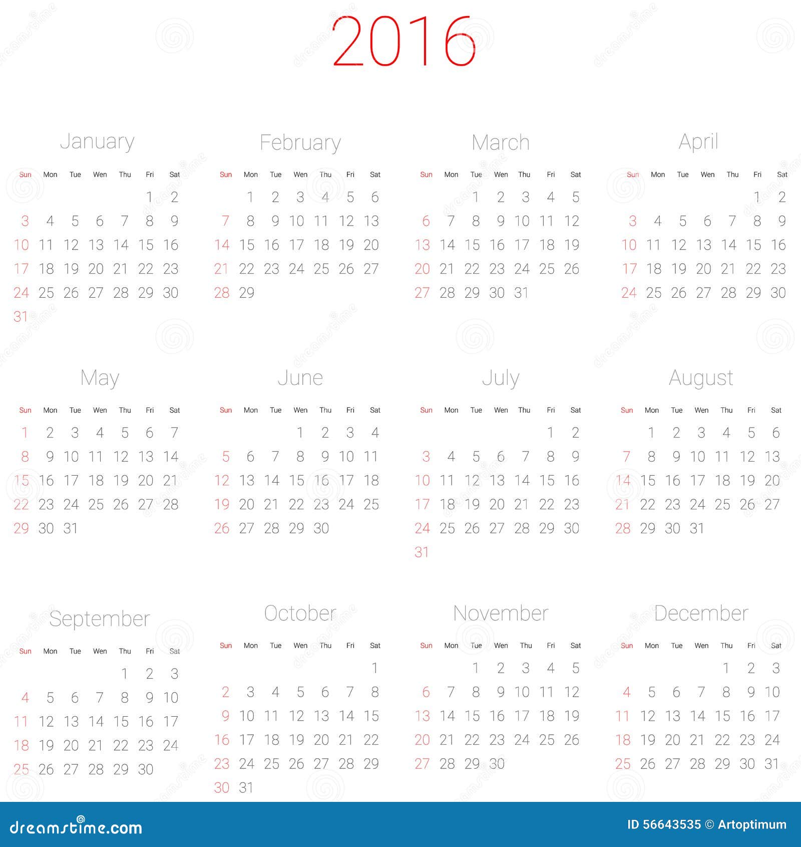 Vector calendar for 2016 stock vector. Illustration of agenda - 56643535