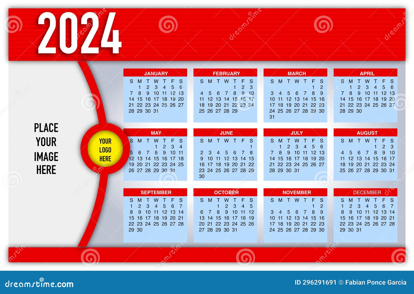 Vector Calendar 2024 Red Color with Space for Logo and Image and ...