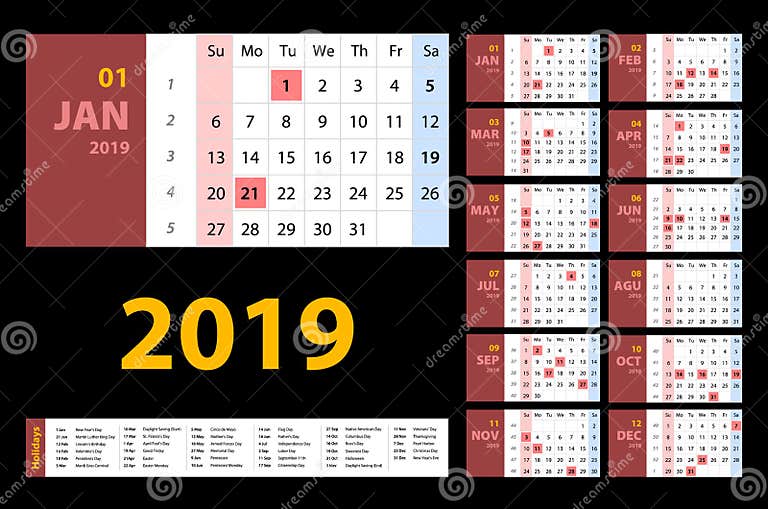 Vector Calendar 2019. Red Set. Week Starts on Sunday Stock Vector ...