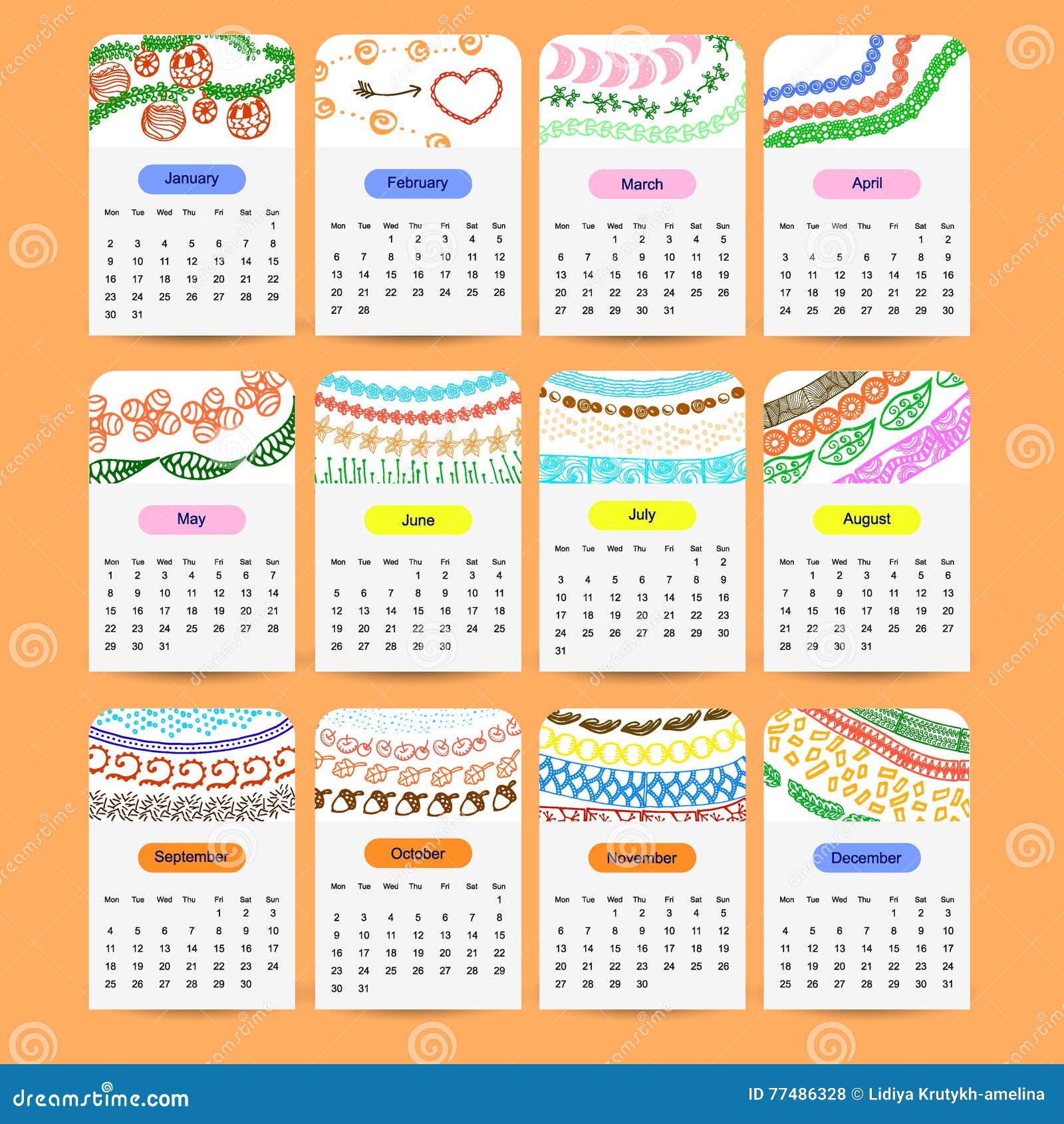 Vector Calendar for 2017. Set of 12 Months, 12 Doodle Patterns. Stock ...